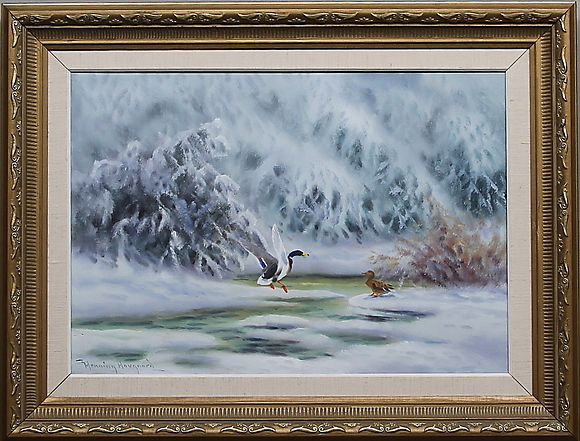 HENNING HOUGAARD. Mallards in winter landscape. Oil on canvas. Signed ...