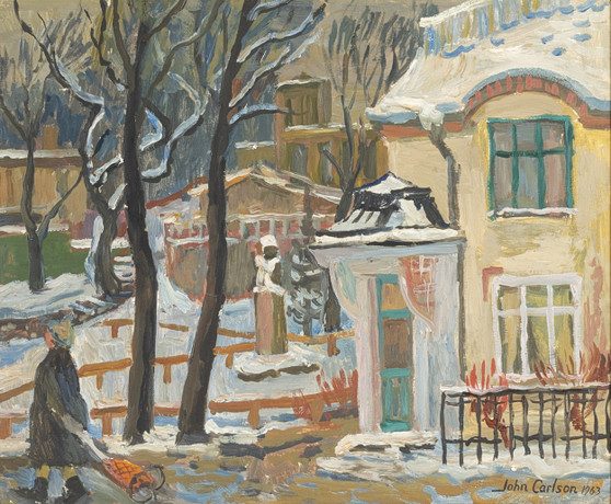 JOHN CARLSON. Stad i vinterskrud, olja på pannå,signerad, daterad 1963 ...