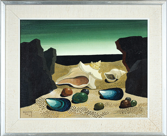 ERIC CEDERBERG. Strandbild med snäckor och stenar, tempera på pannå ...