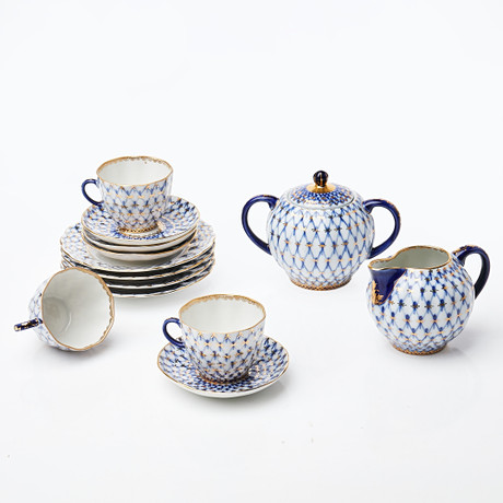 LOMONOSOV. “Cobalt Net”, 9 pieces, porcelain, checkered pattern in blue ...