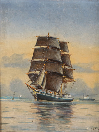 OIDENTIFIERAD KONSTNÄR. Segelfartyg på havet, olja på duk, signerad ...