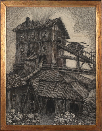 FERDINAND BOBERG. "Gamla masugnen i fullgång", Golnäs, kolteckning, signerad. Konst - Teckningar ...