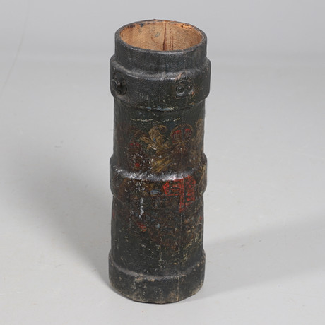 A NINETEENTH CENTURY CYLINDRICAL CANVAS COVERED AND PAINTED SHELL CASE ...