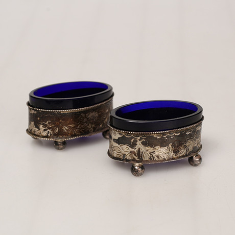 A pair of silver salt vessels with glass inserts, probably Denmark ...