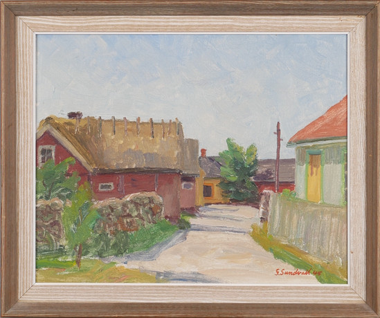 GÖSTA SUNDVALL. Bygata, olja på duk, signerad G. Sundvall 45. Konst ...