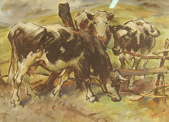 GEORG WOLF. ”Tre kor på ett staket"Akvarell. Konst - Måleri - Auctionet