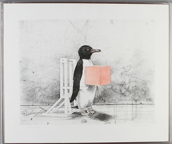 PÄR GUNNAR THELANDER. penguin with cube, colored etching, EA ,signed ...