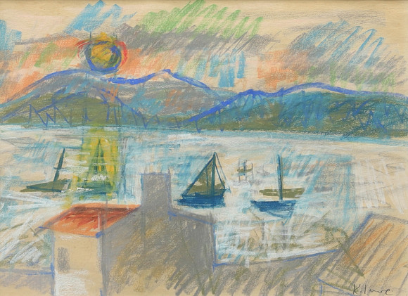 KNUT IRWE. Kustlandskap med segelbåtar, pastell signerad. Konst ...