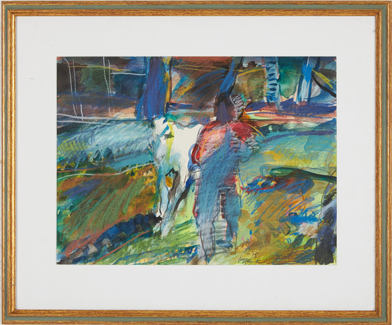 IGGE KARLSSON (1932-2009). Man med häst, akvarell och krita, signerad ...