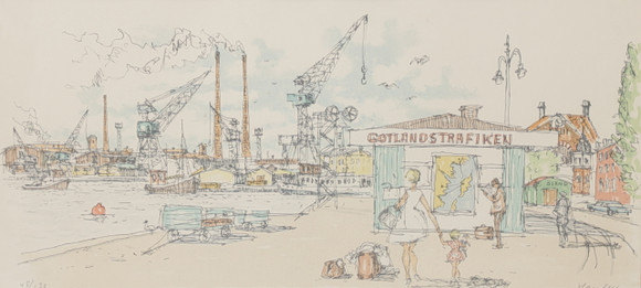 BERNHARD HANDELL. Hamnmotiv, färglitografi, signerad och numrerad 48/ ...