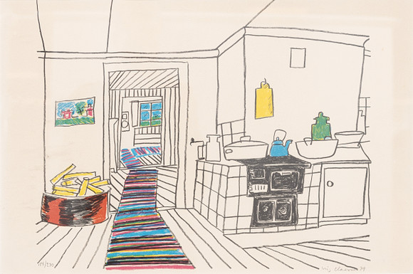 STIG (SLAS) CLAESSON. Country kitchen, lithograph in colours, signed ...