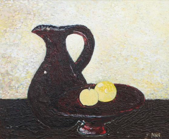 LARS HERDER. Oil painting on panel. Still life with jug and fruit ...