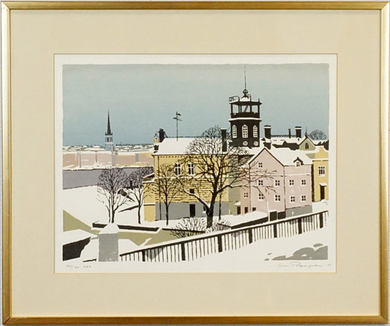 LENNART ROUPE. (1918-2014), färglitografi, Utsikt mot Riddarholmskyrkan ...