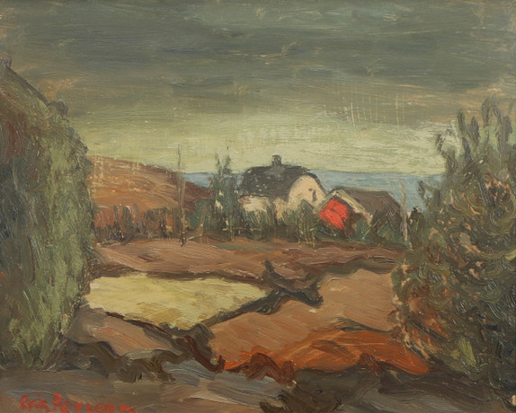 ERIC PERSSON. Oljemålning på pannå. Hus i landskap. Signerad. Konst ...