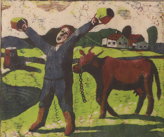 SEPPO MATTINEN. Bonde med ko, träsnitt, signerad 1960. Konst - Grafik ...