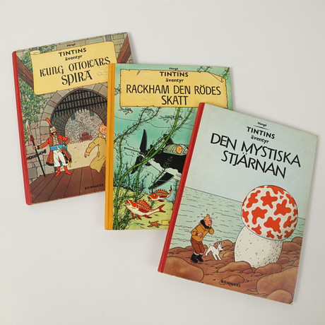 SERIEALBUM, 3 stycken inbundna Tintin, Hergé, 1960-62. Leksaker ...
