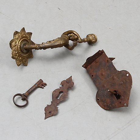 COFFIN LOCK, iron, with key, 18th century and WALL LAMP, metal, 19th ...