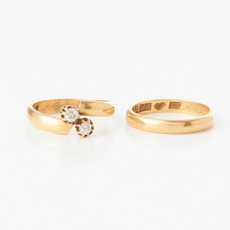 TWIN RING, 2 old cut diamonds, WEDDING RING, 18k gold, smooth model ...