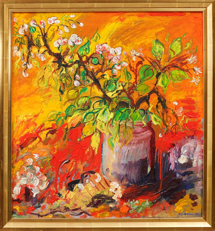 PETER WIDMAN. "Blommande vildapel kvist", olja på duk, signerad och ...