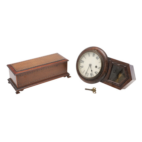 AN EDWARDIAN WALL CLOCK, AND AN EDWARDIAN SPECIMEN WOOD BOX. Clocks ...