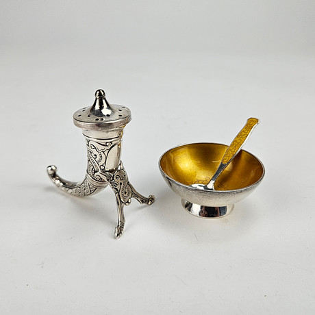 SALT JAR with SPOON and SPRINKLER, silver and enamel and silver. Norway ...