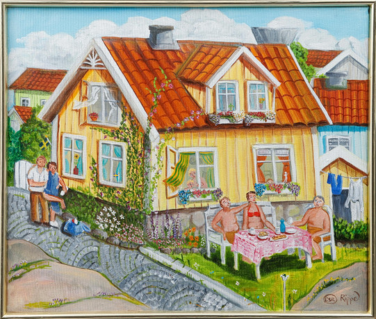 ELISABETH RIPPE. , olja på duk, kaffe med dopp, sommarbild, signerad ...