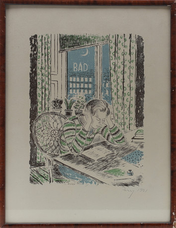 ARTHUR PERCY. Lithograph in colours, Room interior, signed and dated ...