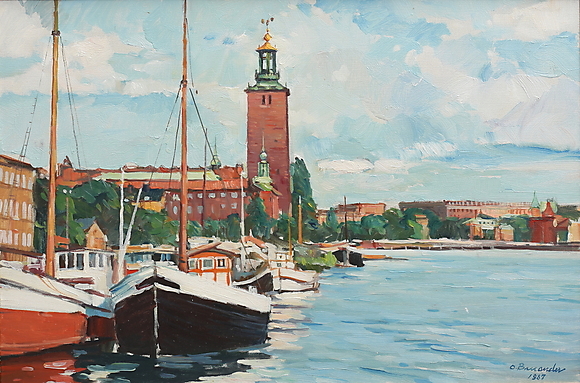 OLOF BENANDER. "The town hall from Norr Mälarstrand". Oil on canvas ...