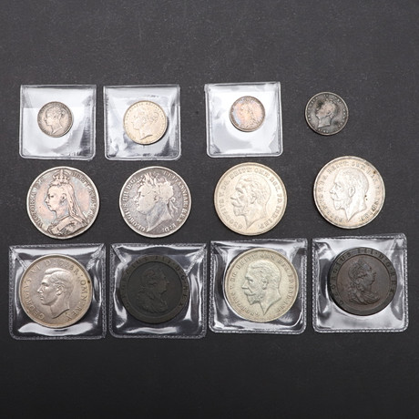 TWO GEORGE II PENNIES, A VICTORIAN SHILLING AND OTHER SIMILAR COINS ...