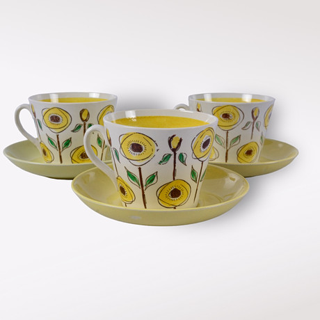 LILLEMOR MANNERHEIM. Tekoppar med fat, "Solros", 6-delar, Upsala/Ekeby ...