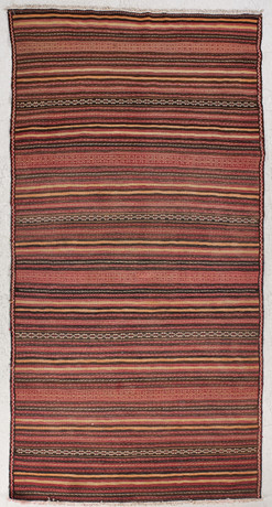 CARPET. linear pattern, polychrome color scheme red brown tones, plant ...
