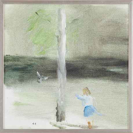 OLLE LINDGREN. Figursceneri med fågel, olja på duk, monogramsignerad ...