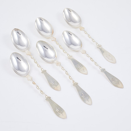 SKEDAR, s.k jämtlandsskedar, Silver, 6 st, dekor i form av brunkulla ...