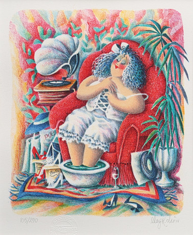 MAY K LEÓN. FÄRGLITOGRAFI, SITTANDE KVINNA. Konst - Grafik - Auctionet