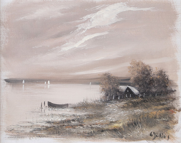 CARL JULIUS. Kustparti med båtar, olja på duk, signerad C Julius. Konst ...