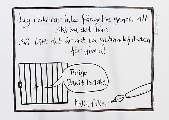MALIN BILLER. Free Dawit Isaak. Ink drawing signed Biller and dated 13 ...
