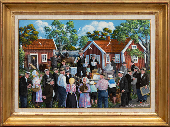 BERT HÅGE HÄVERÖ. "En skärgårdsauktion", olja på duk, signerad, daterad ...