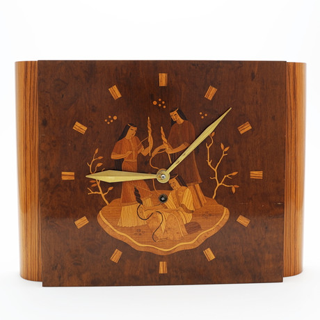 A MAGNUSSON wall clock, “De tre Nor”, No. 117, Mjölby Intarsia, ca 1940 ...
