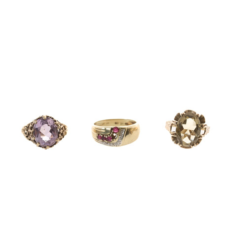 THREE MODERN 9 CARAT GOLD STONE SET DRESS RINGS. Jewellery & Gemstones ...