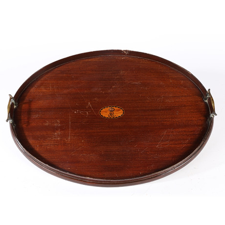 A 20TH CENTURY MAHOGANY TRAY INLAID WITH QUEEN MARY'S INSIGNIA ...