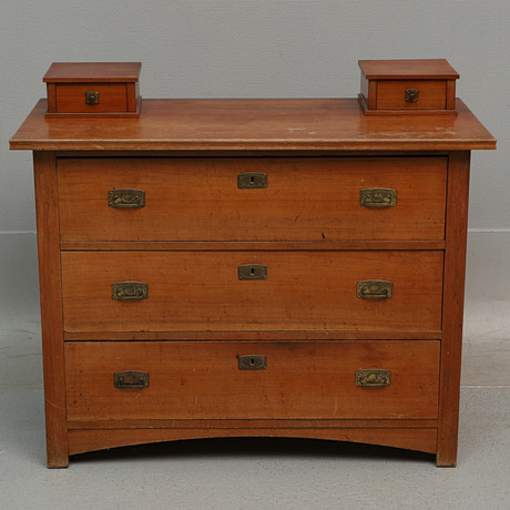 Chest of drawers, wood, 3 drawers and 2 small loose drawers with metal ...