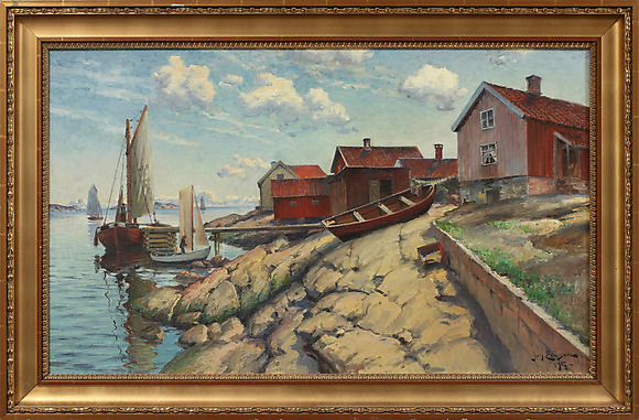 JOHAN ERICSON (1849-1925). Skuta från Marstrand förtöjd vid brygga ...