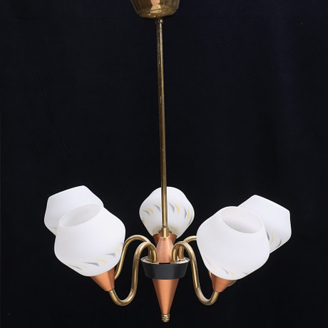 A five-armed metal ceiling lamp with glass shades 20th century ...