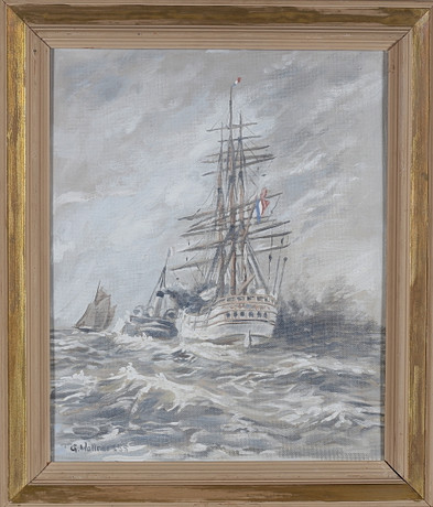 OIDENTIFIERAD KONSTNÄR. Motiv med fartyg, olja på pannå, signerad G ...