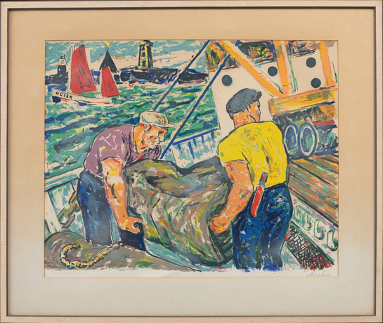 ALBIN AMELIN. Fiskare, färglitografi, signerad. Konst - Grafik - Auctionet