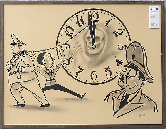 OIDENTIFIERAD KONSTNÄR. Hitler, Goering and Goebbels. Drawing, signed ...