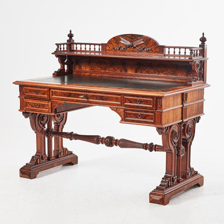 A late 19th century desk, Neo-Renaissance, veneered in walnut and root ...