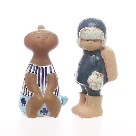 FIGURES, 2 pcs, stoneware, "Lotta", Boy with backpack, Lisa Larson ...