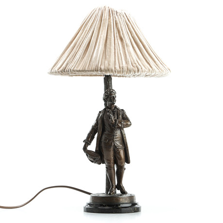 A table lamp, decorated with a male figure, patinated bronze on a ...