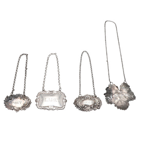 THREE SILVER WINE LABELS AND ANOTHER WHITE METAL. Silver & Metals ...